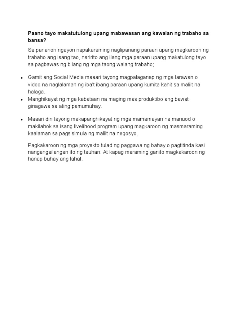 Paano Tayo Makatutulong Upang Mabawasan Ang Kawalan NG Trabaho Sa Bansa | PDF