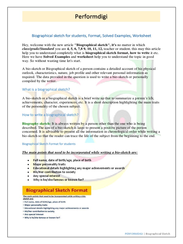 Biographical Sketch For Students Format Solved Examples Worksheet PDF | PDF