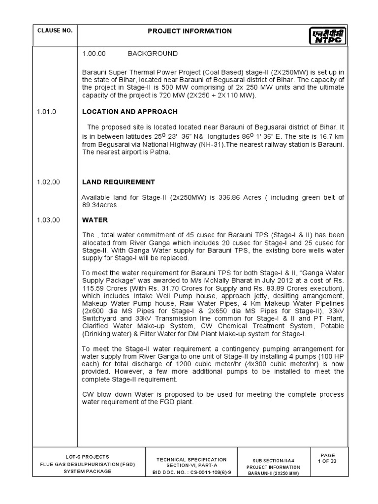 SEC-VI PART-A PROJECT INFORMATION Barauni-II - 2X250 MW II-A4-0-Project Information | PDF ...