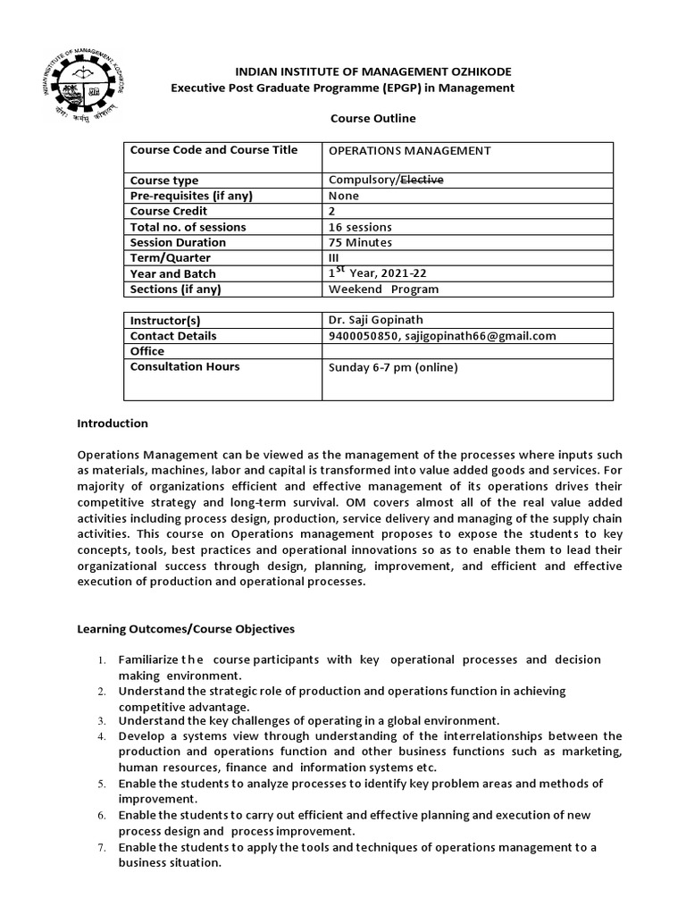 Course Outline Operations Management 2021 EPGP | PDF | Operations ...