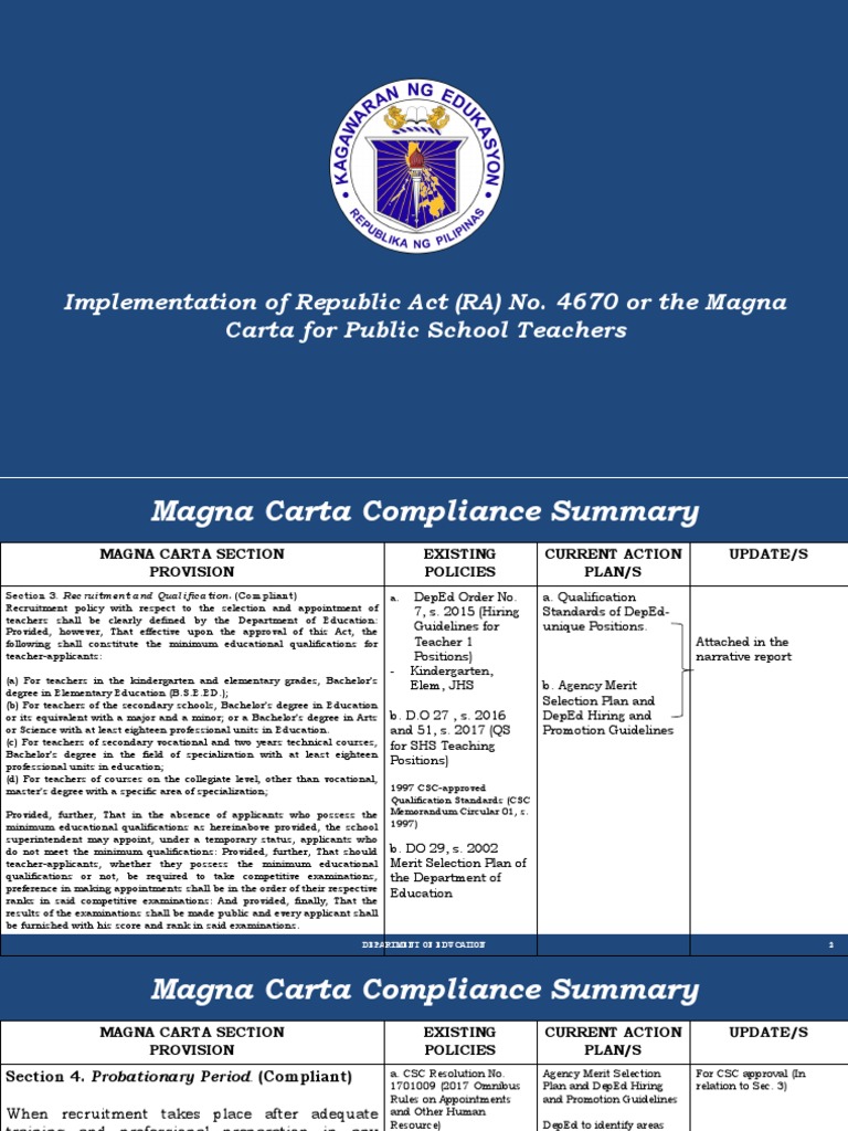 Implementation of Republic Act (RA) No. 4670 or The Magna Carta For ...
