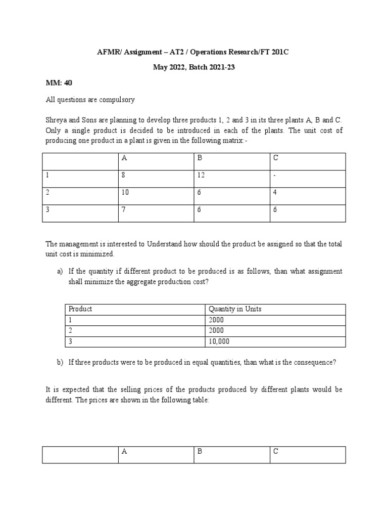 AFMR/ Assignment - AT2 / Operations Research/FT 201C May 2022, Batch ...