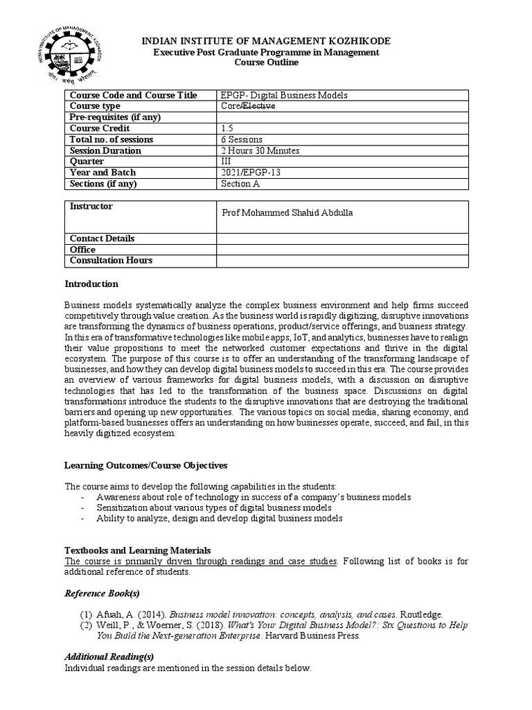 Digital Business Models - Course Outline EPGP 13 SEC A | PDF | Business Model | Disruptive ...