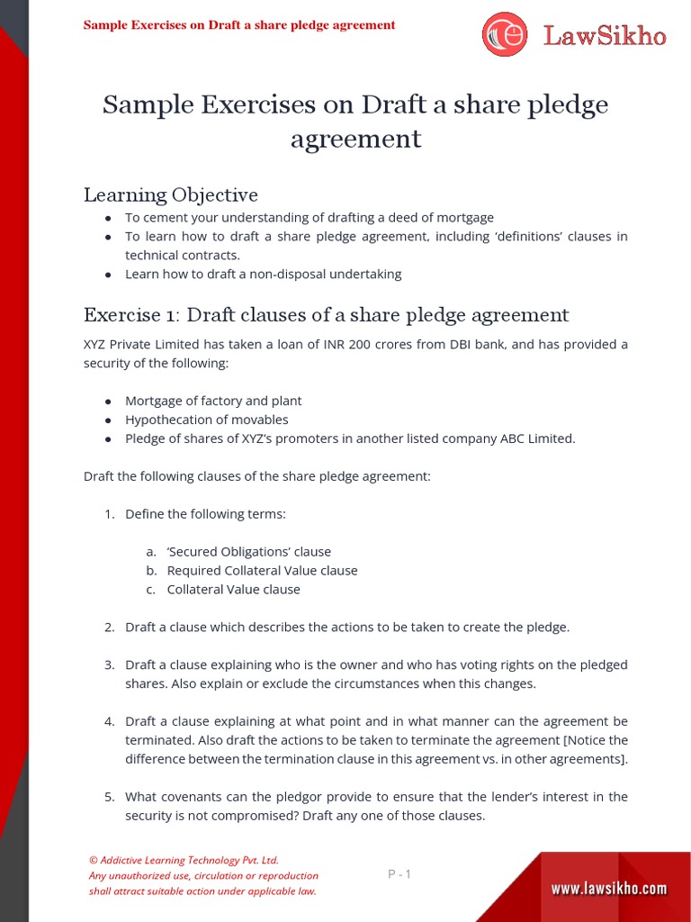 Sample Exercise - Draft A Share Pledge Agreement | PDF | Loans ...