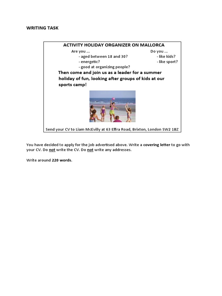 Writing Task Activity Holiday Organizer On Mallorca | PDF