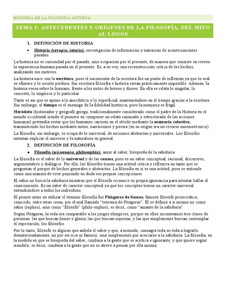 Tema 1 Filosofía Antigua. Antecedentes y Orígenes de La Filosofía, Del ...