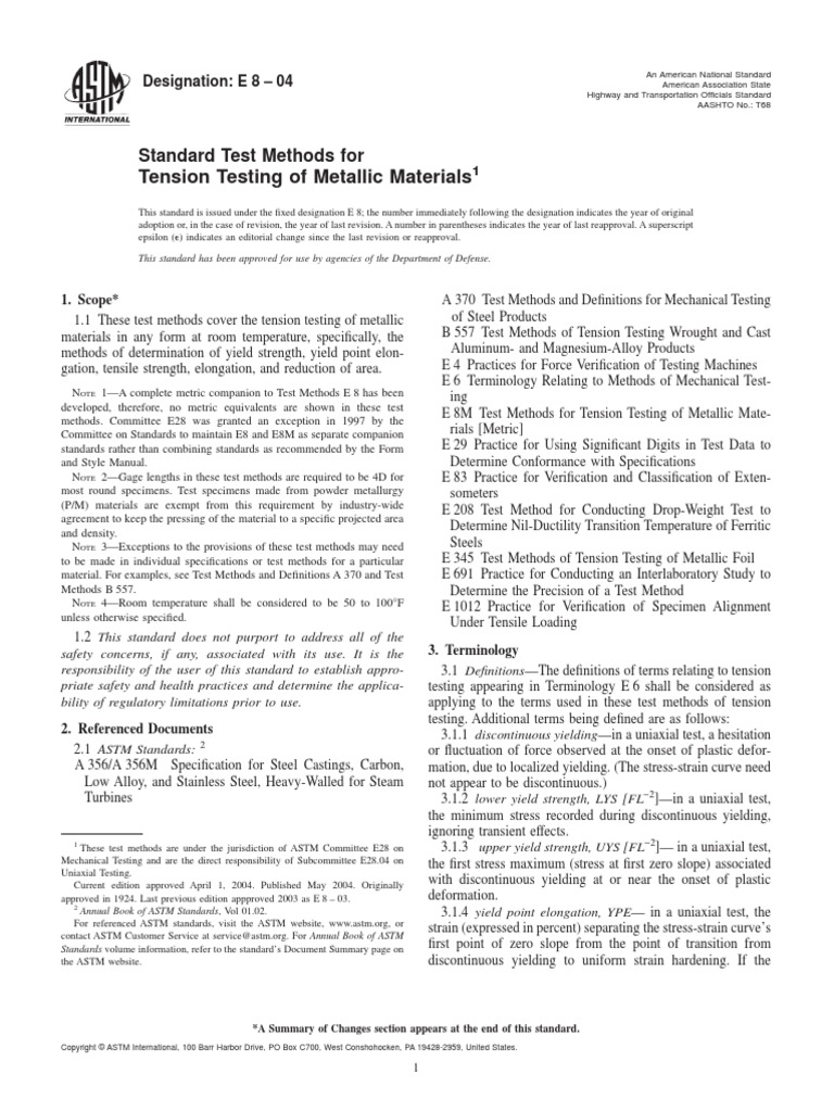 ASTM E8-04 - Tension Testing of Metallic Materials | PDF