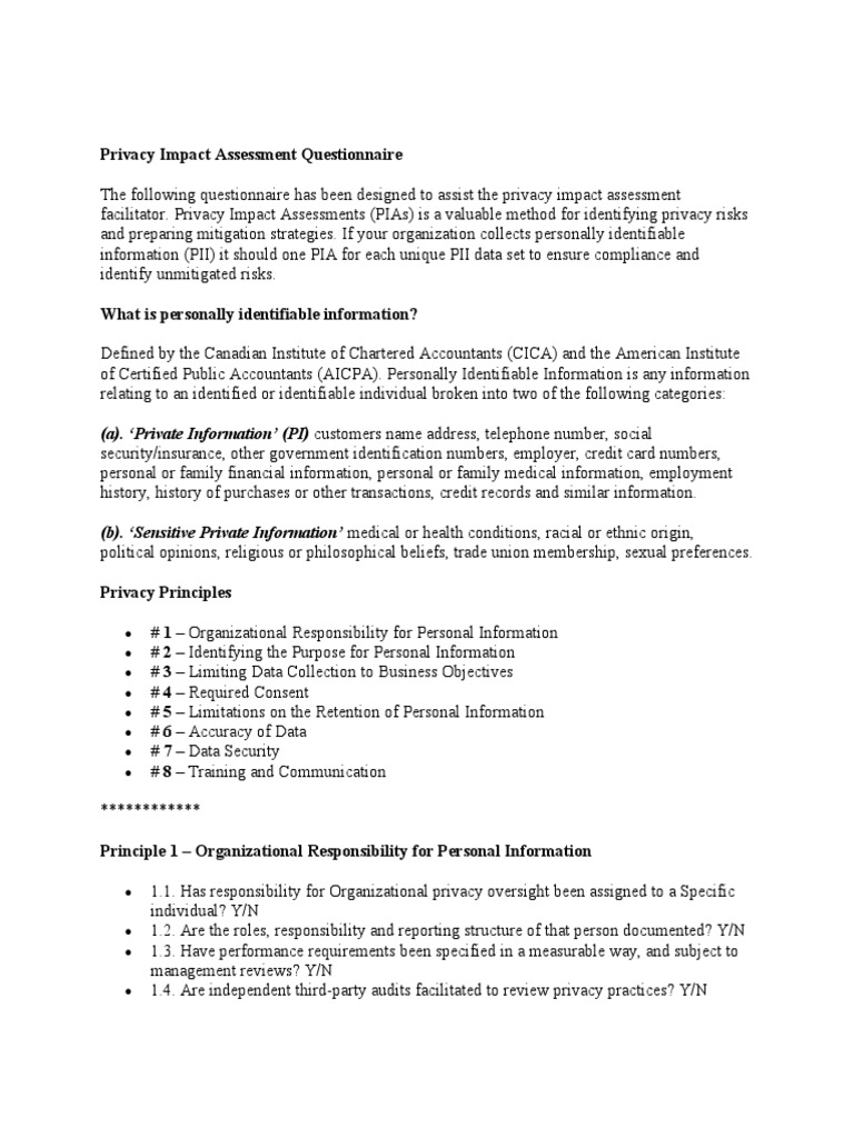 Data Privacy Impact Assessment Questionnaire | PDF | Privacy ...