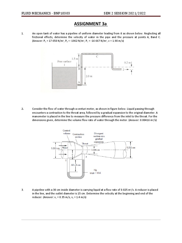 Assignment 3A: Fluid Mechanics - Bnp10303 Sem 2 Session 2021/2022 | PDF