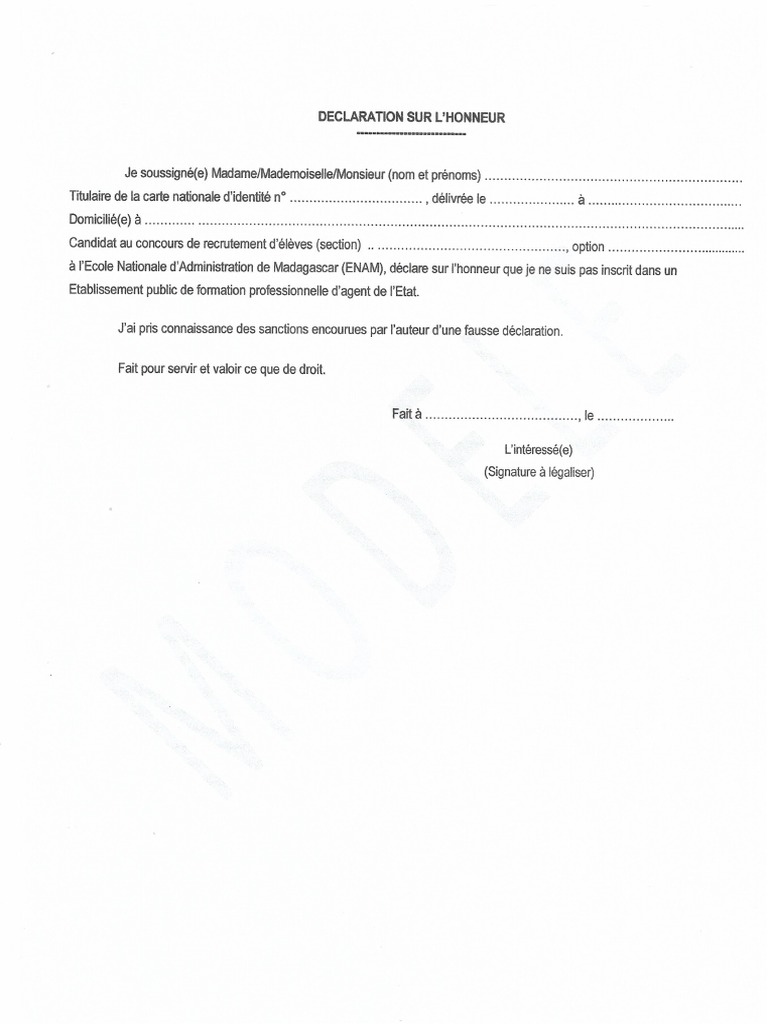 Declaration Sur Honneur | PDF