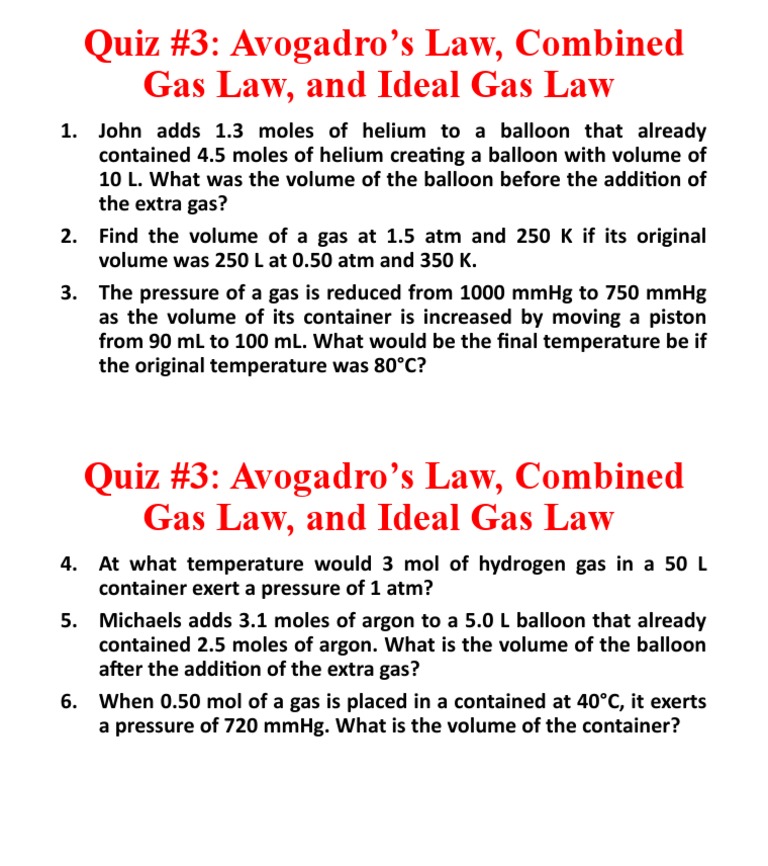 Worksheet - Avogadro's Law, Combined Gas Law, and Ideal Gas Law | PDF