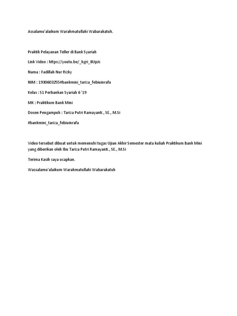 Praktik Pelayanan Teller Bank Mini | PDF