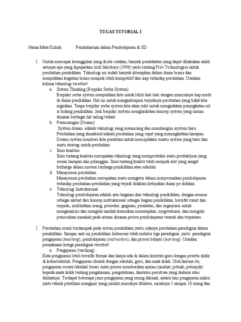 TUGAS TUTORIAL I Pembaharuan Dalam Pembelajaran Di SD | PDF | Karier & Perkembangan | Bisnis