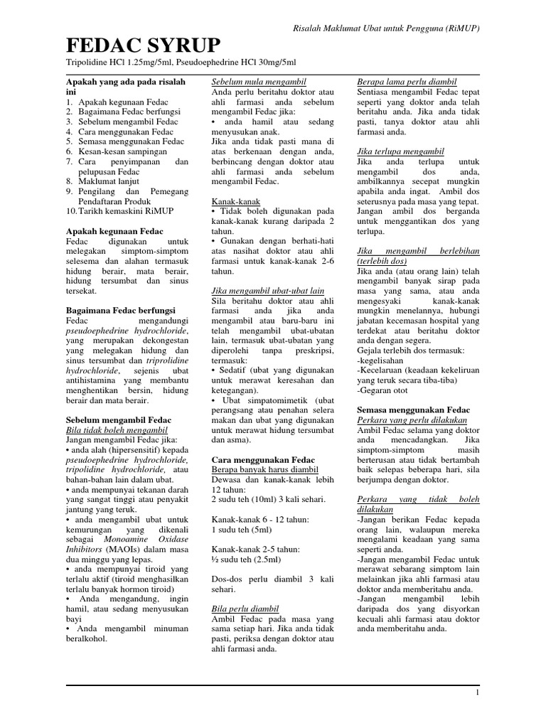 Fedac Syrup 1.25mg, 30mg (Triprolidine, Pseudoephedrine) Actavis Sdn ...