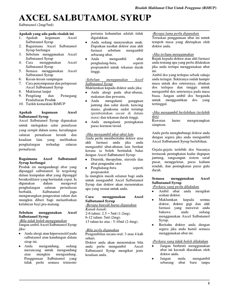 Axcel Salbutamol Syrup Salbutamol KOTRA PHARMA M SDN BHD 2jan2018 BM | PDF