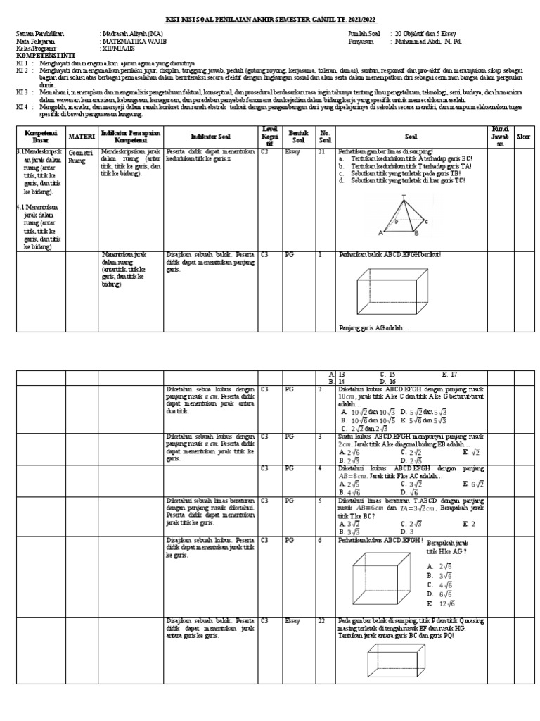 Kisi-Kisi Soal PAS MTK Wajib XII | PDF