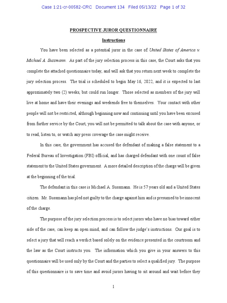 134 - Prospective Juror Questionnaire | PDF | Reasonable Doubt | Witness