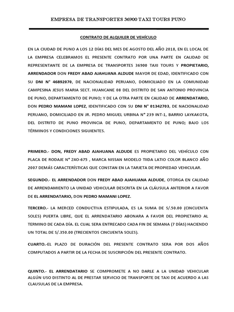 Contrato de Alquiler de Taxi | PDF