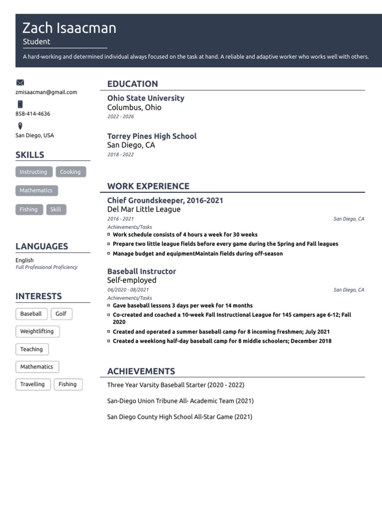 Zach Isaacman: Student & Baseball Instructor | PDF
