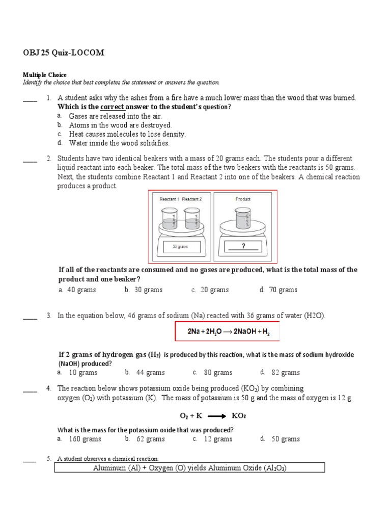 Law of Conservation of Mass Quiz | Download Free PDF | Periodic Table ...