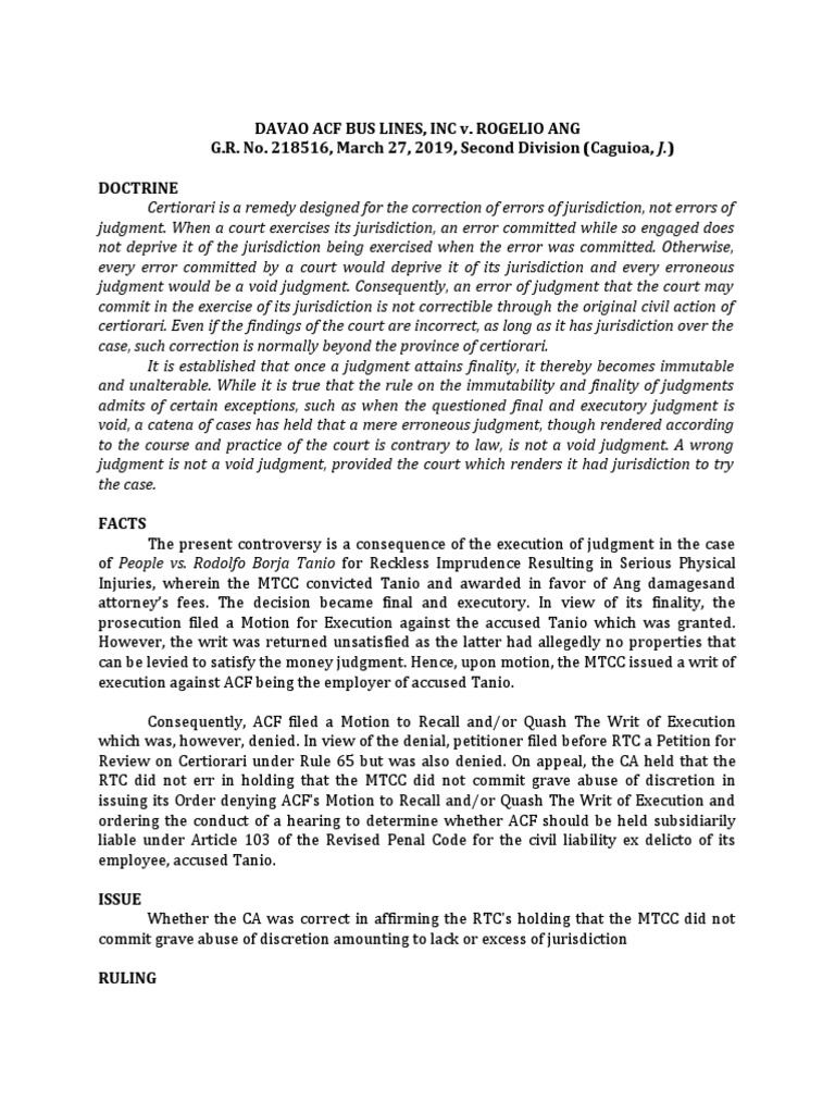 Davao ACF Bus Lines, Inc v. Rogelio Ang | PDF | Jurisdiction | Certiorari