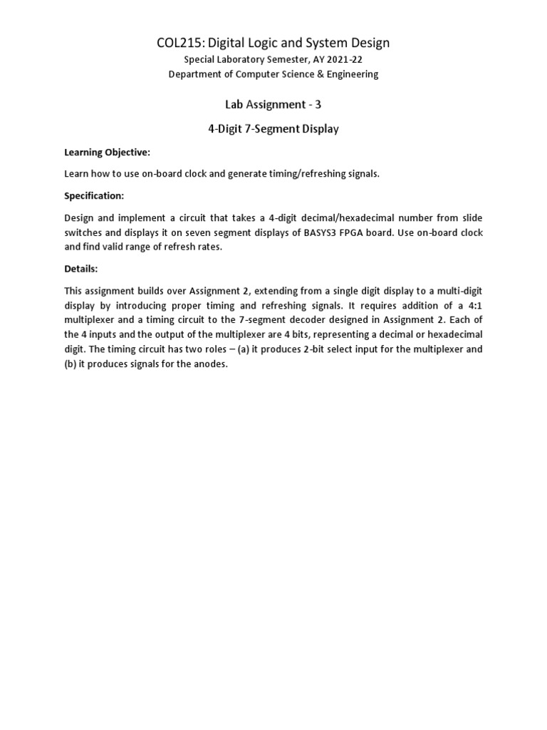 COL215: Digital Logic and System Design: Lab Assignment - 3 4-Digit 7-Segment Display | PDF