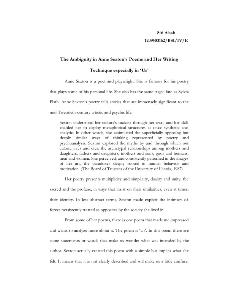 The Ambiguity of Anne Sexton's Poems Especially 'Us' | PDF | Ambiguity ...