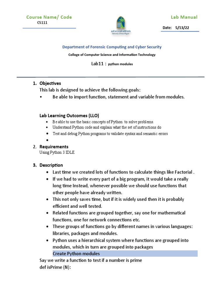 Course Name/ Code Lab Manual: 1. Objectives | PDF | Python (Programming ...