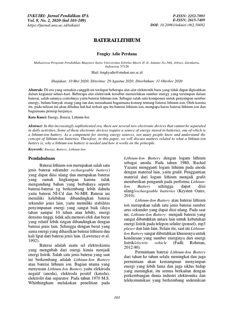 Baterai Lithium: INKUIRI: Jurnal Pendidikan IPA Vol. 9, No. 2, 2020 (Hal 103-109) | PDF