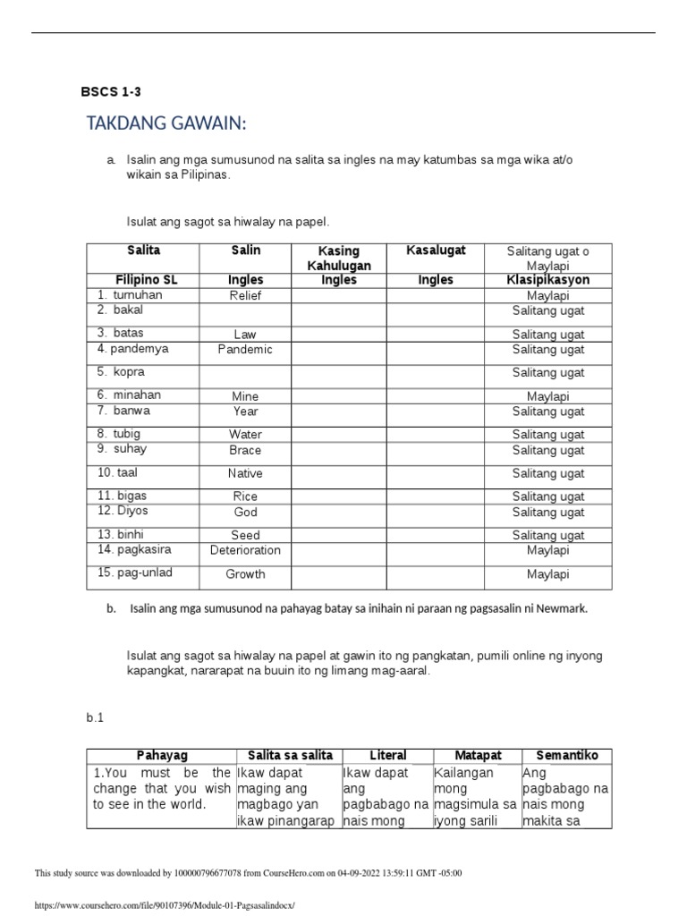 Module - 01 - Pagsasalin Table 2 | PDF