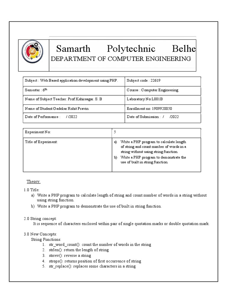 Samarth Polytechnic Belhe: Department of Computer Engineering | PDF | Php | String (Computer ...