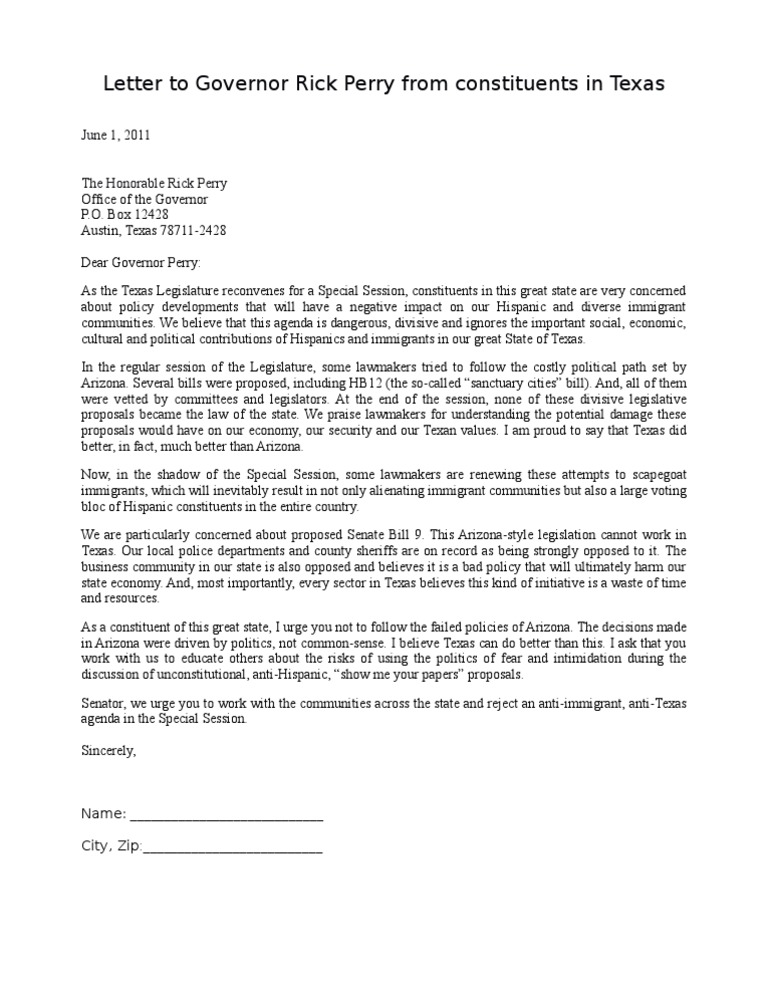 Perry Letter Final | PDF | Arizona Sb 1070 | Texas
