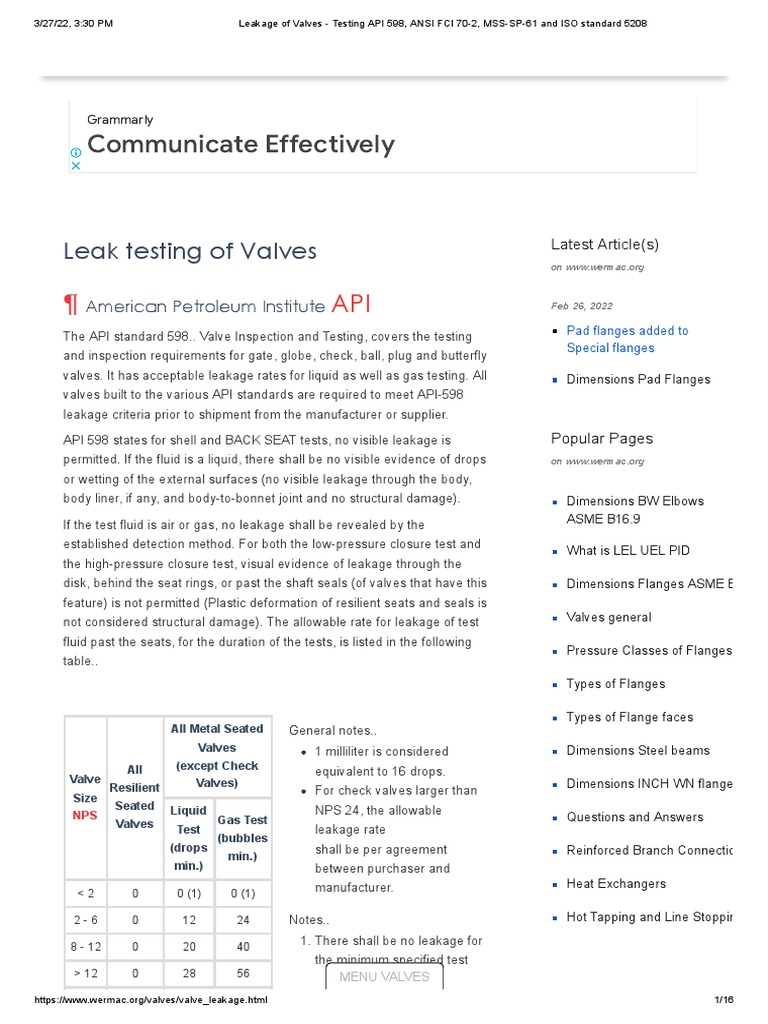 Leakage of Valves - Testing API 598, ANSI FCI 70-2, MSS-SP-61 and ISO ...
