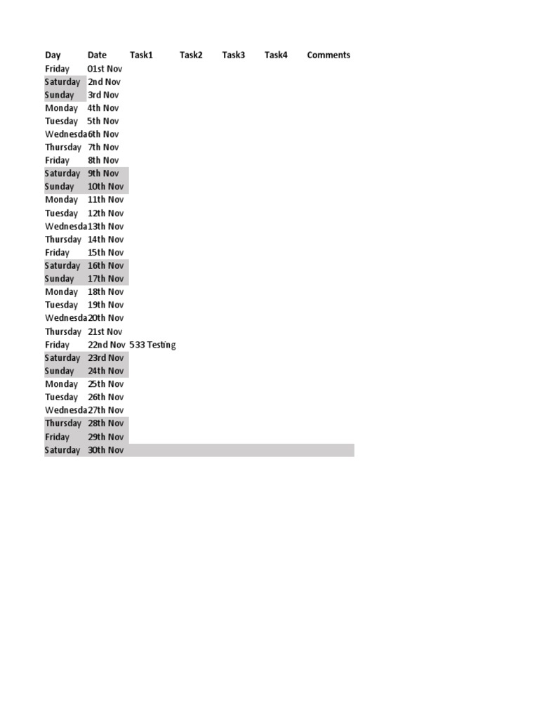 Day Date Task1 Task2 Task3 Task4 Comments | PDF