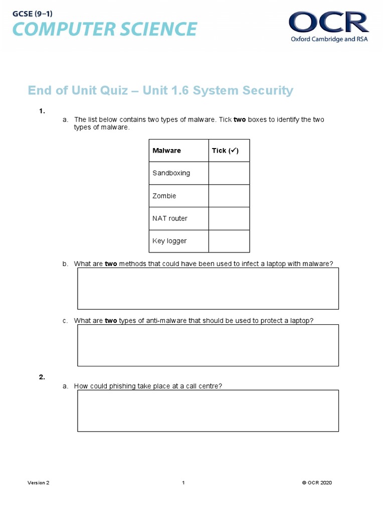 End of Unit Quiz - Unit 1.6 System Security | PDF | Malware ...