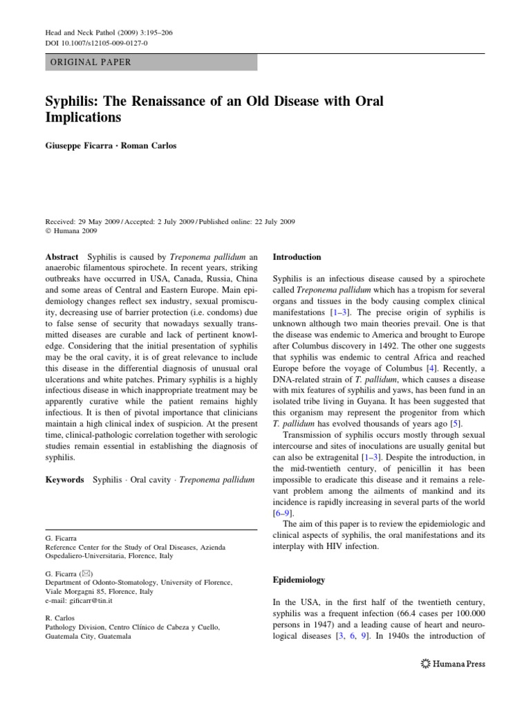 Syphilis The Renaissance of An Old Disease With Oral Implications | PDF ...