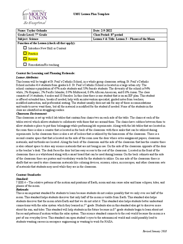Moon Phases Lesson 3 | PDF | Classroom | Moon