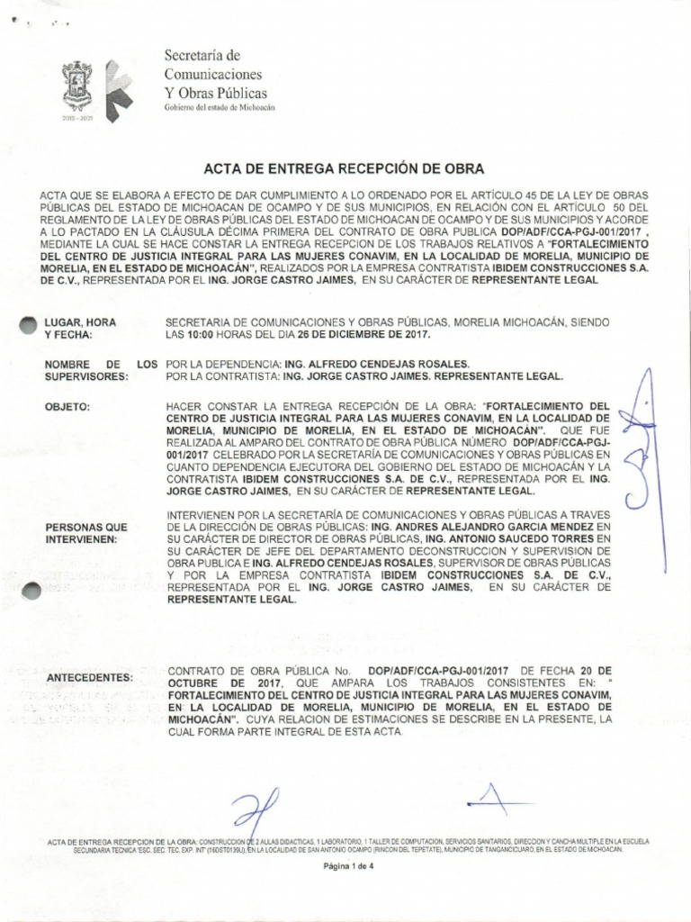 Acta de Entrega Recepcion de Obra | PDF