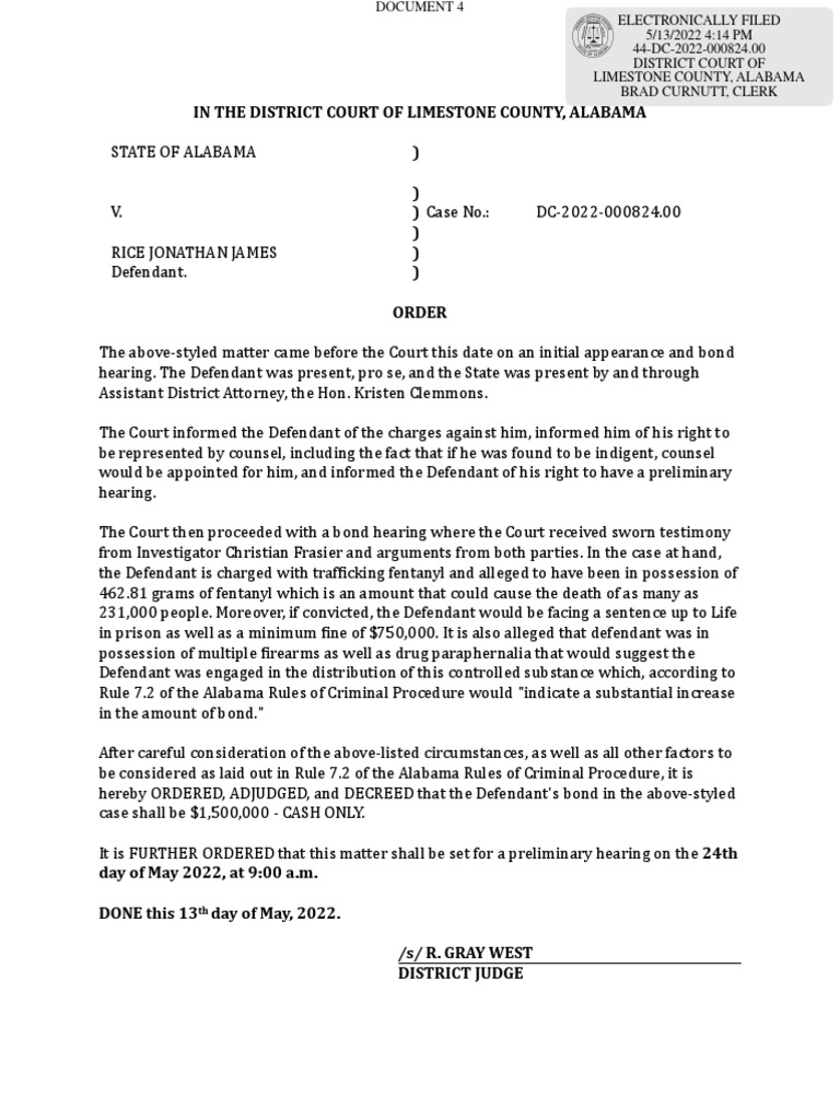 Bond Hearing Order for Jonathan Rice | PDF | Criminal Procedure In ...