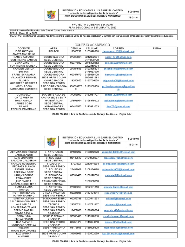 Acta de Conformación Del Consejo Académico Colcastro 2022 | PDF ...