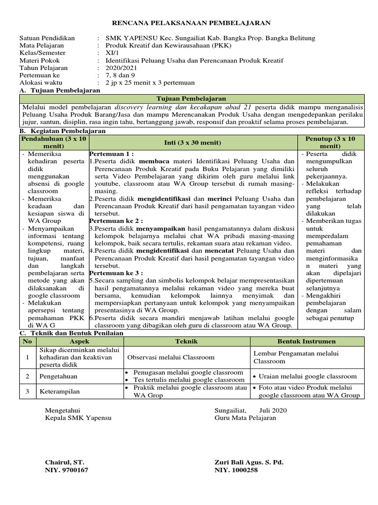 RPP PKK XI BDP KD.3.2 Identifikasi Peluang Usaha Dan Perencanaan Produk Kreatif | PDF