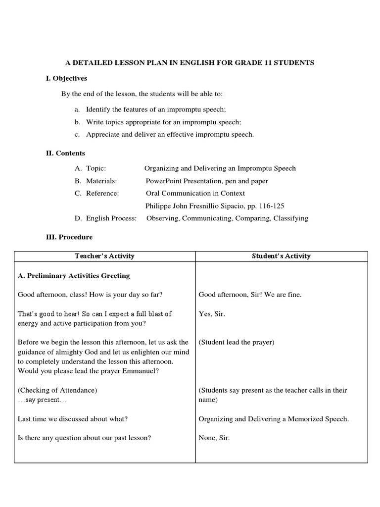 A Detailed Lesson Plan in English For Grade 11 Students I. Objectives ...
