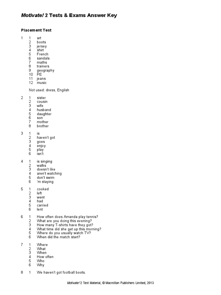 Motivate! 2 Tests & Exams Answer Key: Placement Test | PDF | Laptop ...
