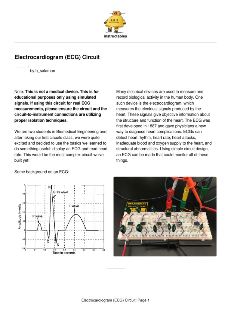 Electrocardiogram (ECG) Circuit: Instructables | PDF | Electronic Filter | Electrocardiography