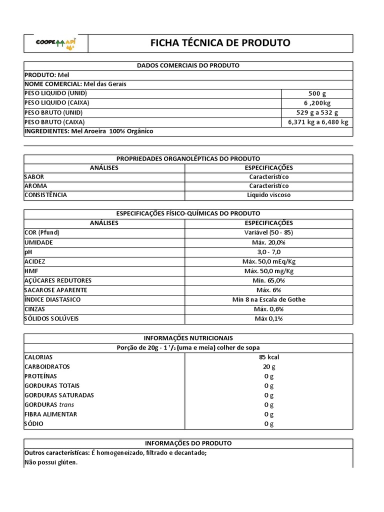 Ficha Técnica - Mel Aroeira Orgânico 500g, Café, Velame, Pequi | PDF | Mel | Embalagem e rotulagem