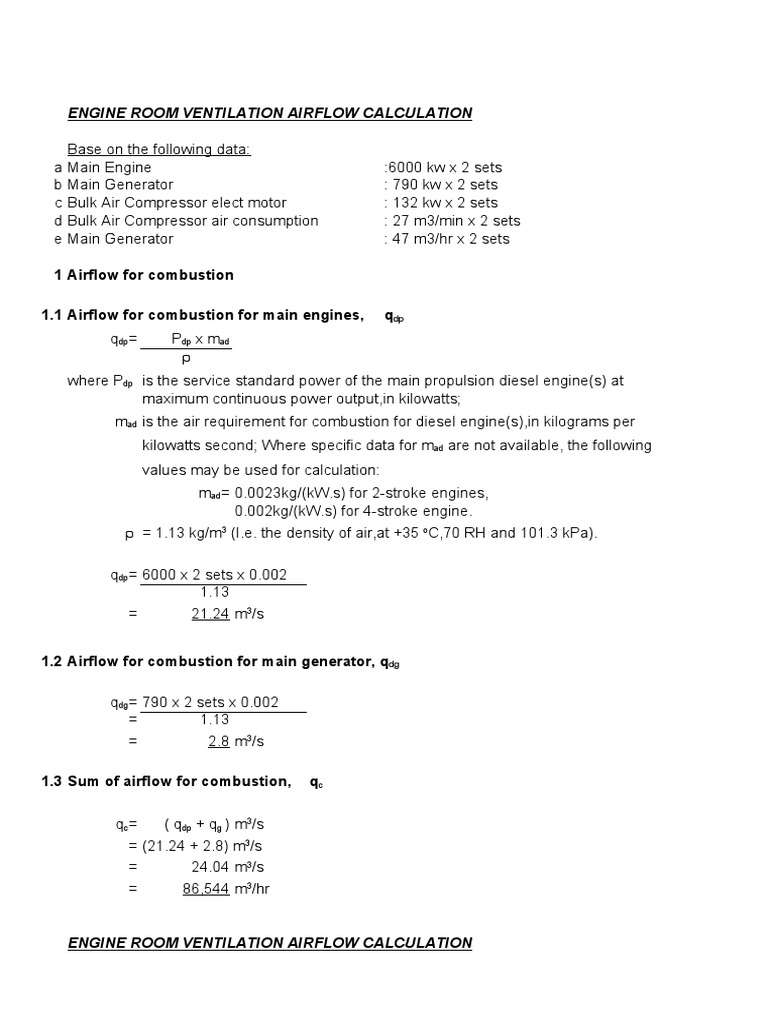 Engine Room Ventilation Airflow Calculation: 1 Airflow For Combustion 1 ...
