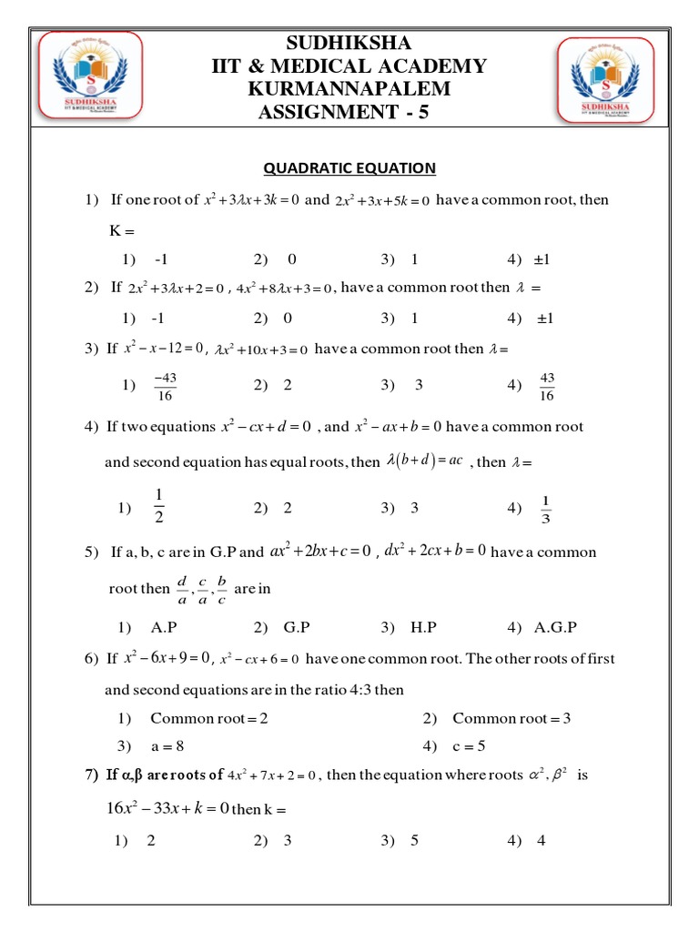 Quadratic Equations Assignment 5 | PDF | Mathematics | Mathematical Objects