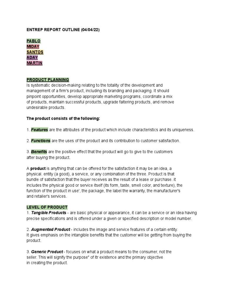 Entrep Report Outline (04!04!22) | PDF | Marketing | Product (Business)