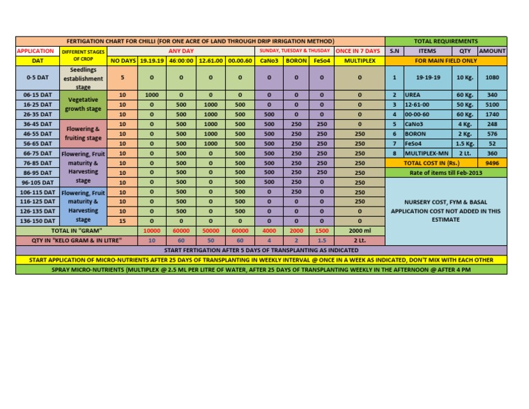 Chilli-Fertigation Chart-Drip System | PDF | Botany | Agriculture