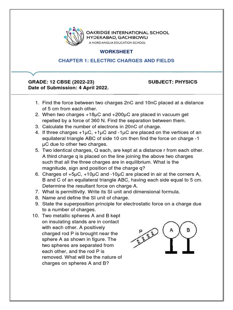 Electric Charges and Fields Worksheet-1 | PDF